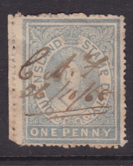QUEENSLAND 1868 1D Blue QV LARGE STAMP DUTY NO WMK USED SG F9 CV$120 ...