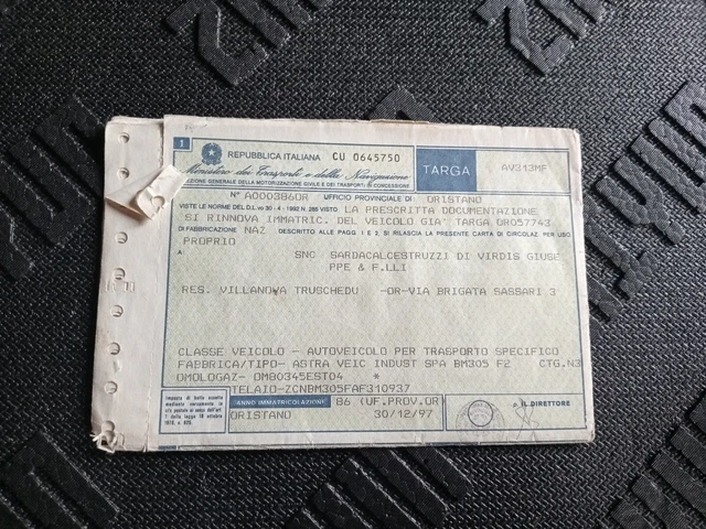 LIBRETTO CARTA CIRCOLAZIONE d'epoca Autocarro Autobetoniera ASTRA BM305 ...