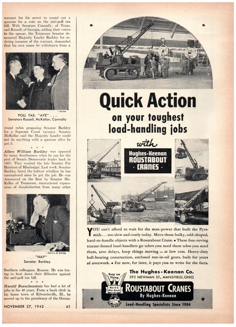 1942 ROUSTABOUT CRANES Ad, Quick Action on Your Toughest Load Handling ...