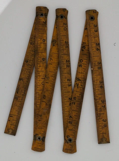 VINTAGE ANTIQUE FOLDING Wood Slide Ruler Metal Hinges and Ends 39" Long ...