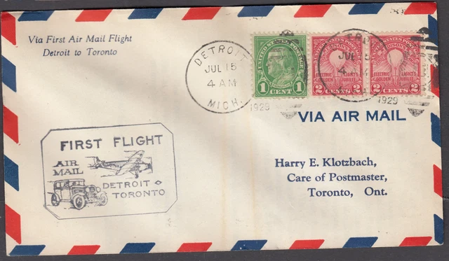1929 FIRST FLIGHT Cover From Detroit Usa To Toronto On #552 1¢(Us) #654 ...