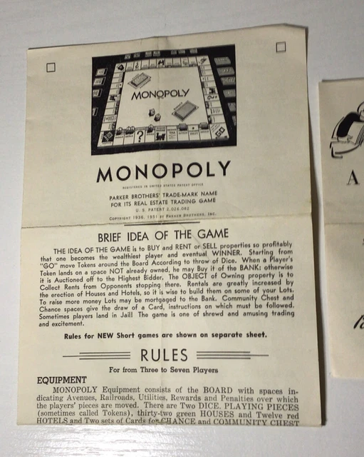 1951 MONOPOLY INSTRUCTIONS Rules How To Play Collector Board Game ...