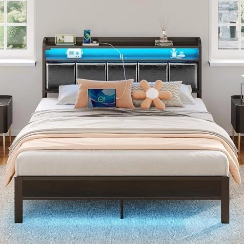BED FRAME SIZE with Charging Station and LED Lights, PU Queen Black No ...
