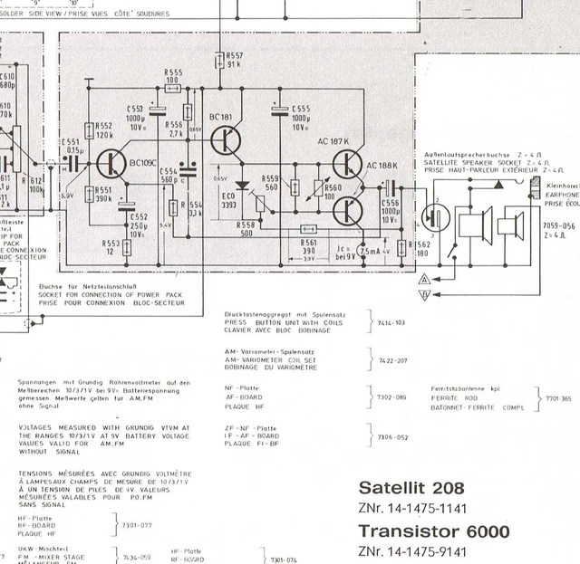 ORIGINAL SCHALTPLAN GRUNDIG Radio Satellit 208 Transistor 6000 mit 14 ...
