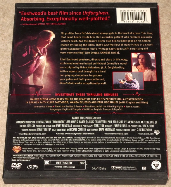 CLINT EASTWOOD BLOOD WORK Jeff Daniels WARNER SNAPPER Region 1 DVD ...