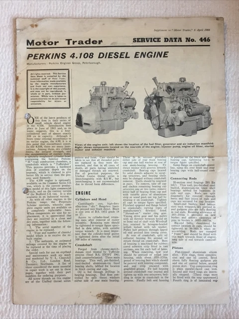 PERKINS 4.108 DIESEL Engine Motor Trader Service Data Sheet No.446 £5. ...