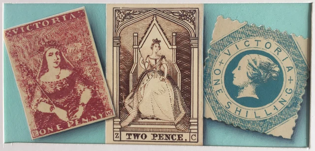 CIGARETTE CARD PAINTING: Queen Victoria Australia Stamps. 1D Rose Red ...
