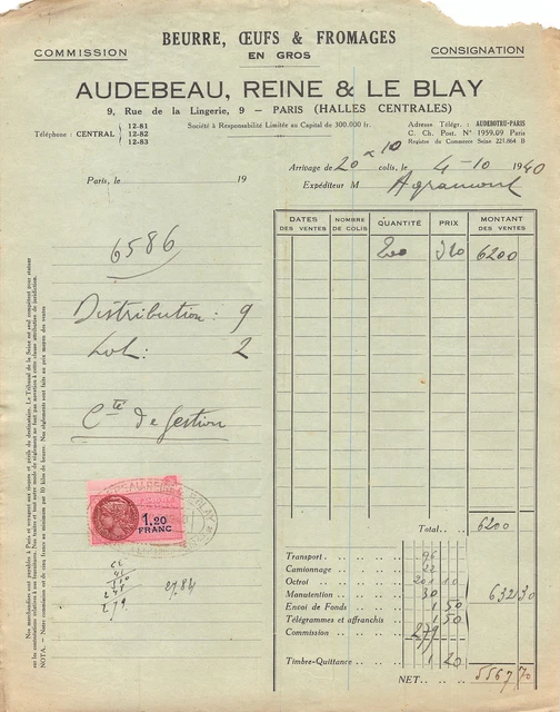 1874 1940 Facture Audebeau Reine & Le Blay Halles A Paris - - Laite EUR ...
