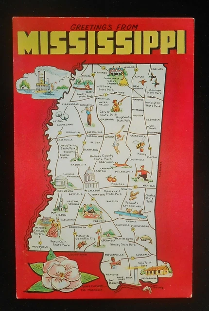 1960S STATE MAP of Mississippi Magnolia State Landmarks MS Postcard £3. ...
