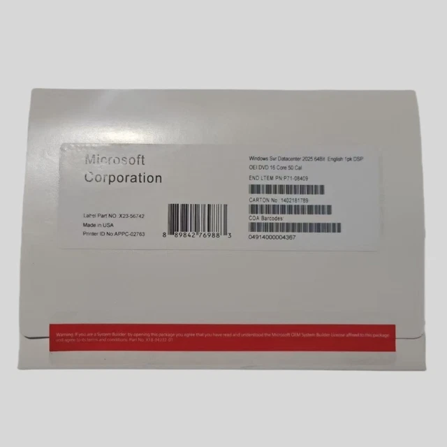 MICROSOFT WINDOWS SERVER 2025 Datacenter 64Bit 16 Core 50 CALs DVD ...