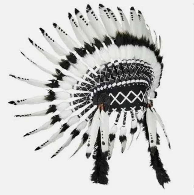 55CM BLACK AND White Feather Indian Native Chief Headdress Costume ...