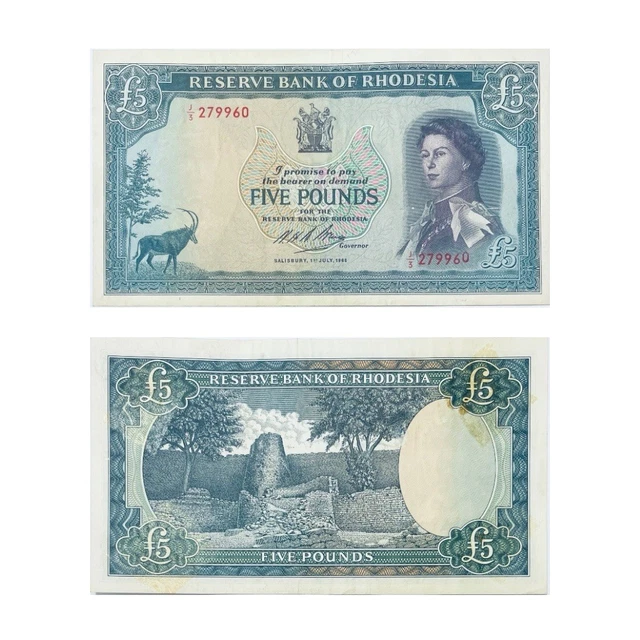 1966 RHODESIA OLD 5 Rhodesian Pounds Banknote Queen Elizabeth Ii ...