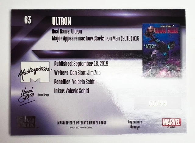 2024 MARVEL MASTERPIECES Nahuel Grego #63 Ultron - Legendary Orange /99 ...