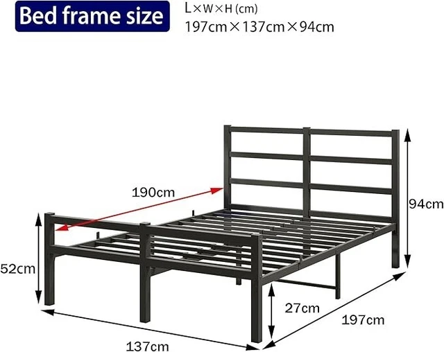HAHRIR DOUBLE BED Frame with Headboard Metal 135x190cm Black Boxed £59. ...