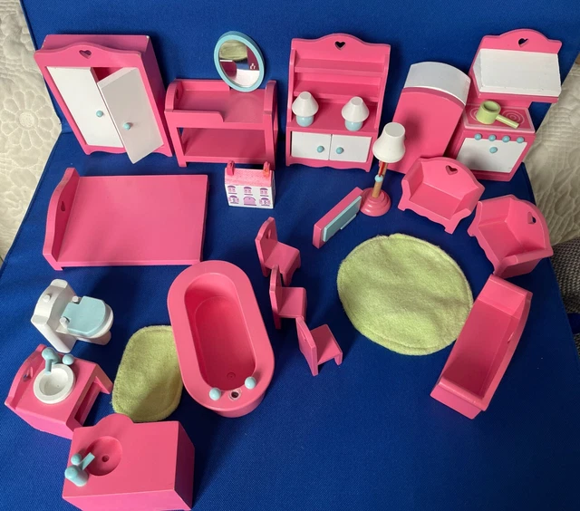 GROUP OF ELC Wooden Toy Dolls House Pink and White Furniture Items £7. ...