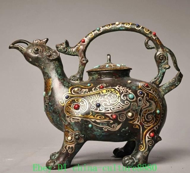 7.4'' OLD BRONZE Ware Silver Gilt Dragon Phoenix Phenix Pot Le pot de ...