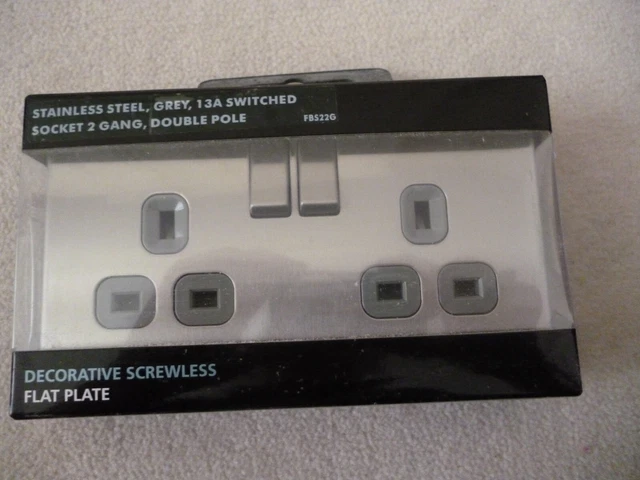 NEW BG ELEC screwless switched socket 2 gang stainless steel grey ...