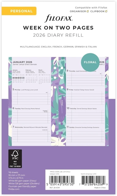 FILOFAX PERSONAL DIARY refill 2026 - Week On Two Pages Illustrated ...