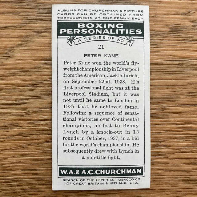 CHURCHMAN’S CIGARETTE CARD Boxing Personalities 21 Peter Kane 1938 ...