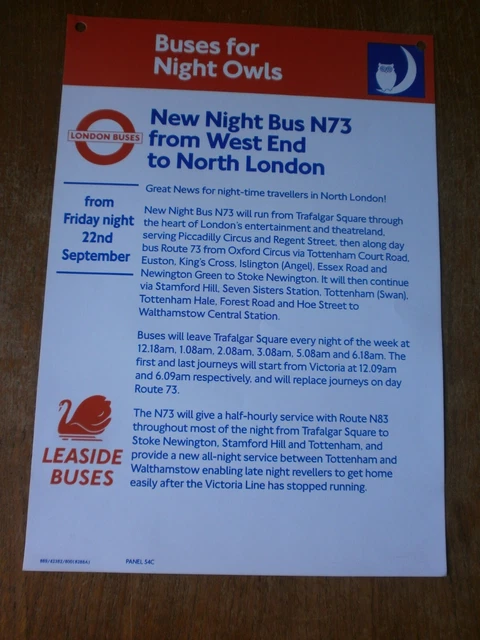 LONDON TRANSPORT BUS Stop Timetable Poster-New Night Route N73, 1989 £1 ...
