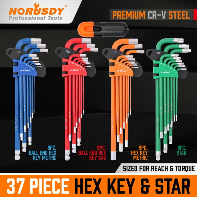 37PC HEX KEY Allen Wrench Set Ball End SAE Metric Star Long Arm ...