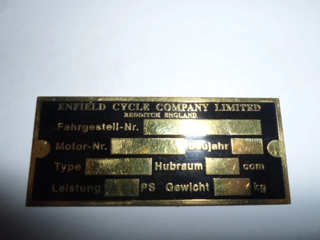 TYPENSCHILD ID-PLATE ROYAL Enfield Schild Motorrad oldtimer tag Messing ...