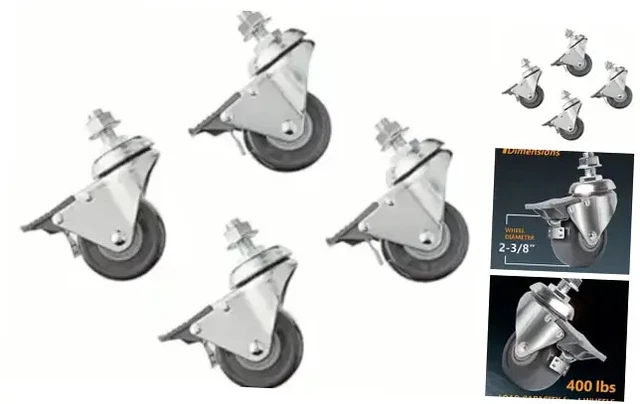 2-1/2 INCH THREADED Stem Caster Wheels Set of 4 with Brake & 400 lbs ...