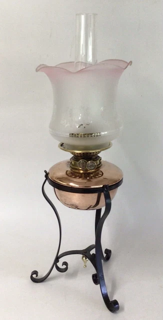 ANTIQUE WRIGHT & Butler Oil Lamp Copper & Brass Font Pink Shade Black ...