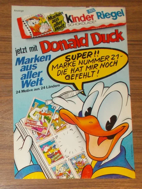 SELTENE WERBUNG FERRERO Kinder Riegel DONALD DUCK MARKEN AUS ALLER WELT ...