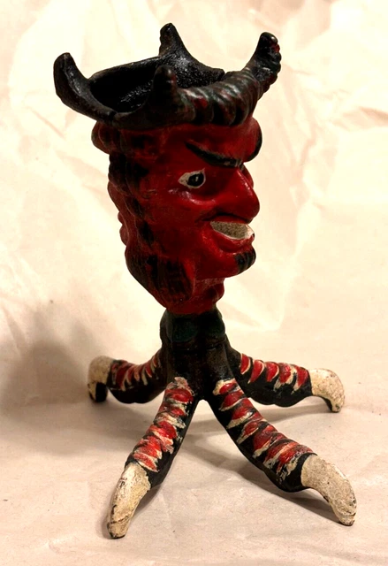 VINTAGE PAINTED CAST iron TWO FACE RED DEVIL CANDLE HOLDER bird claw ...