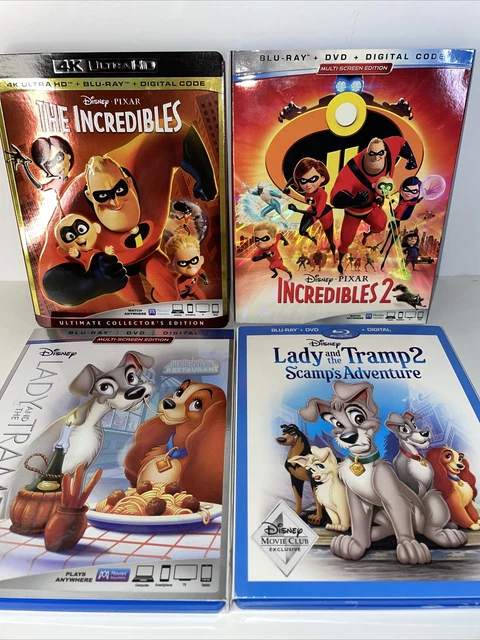 DISNEY BLUE RAY Movie Lot of 4- Incredibles 1 & 2, Lady & Tramp 1 (no ...