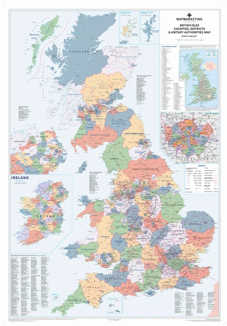 UK WALL MAP – Large Laminated Map, Counties, Districts, Postcode And ...