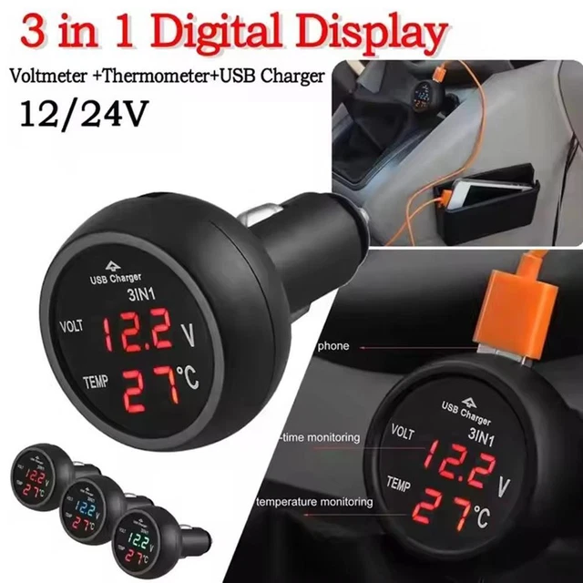 3-IN-1 THERMOMETER CHARGER Voltmeter 12V/24V LED Digital Cigarettes ...