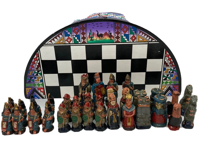 RARE CONQUISTADOR AZTEC Mayan Chess Set Hand Painted Round Ceramic Art ...