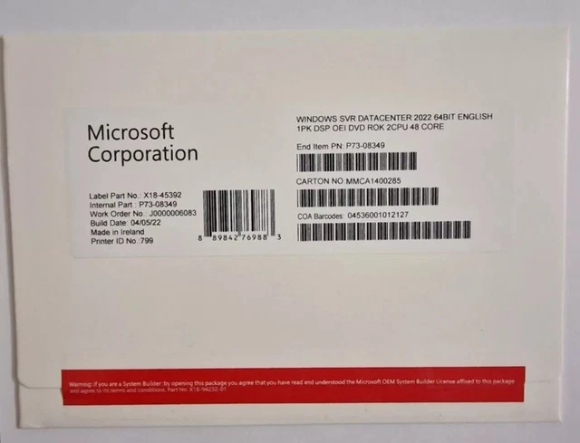 MICROSOFT WINDOWS SERVER 2022 Datacenter 48 Core DVD UNLMTD Cals £47.99 ...