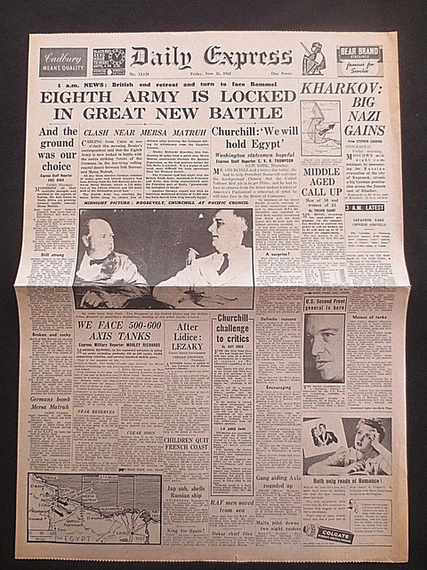 WW2 NEWSPAPER EIGHTH Army Battle Churchill Roosevelt June 26 1942 Daily ...