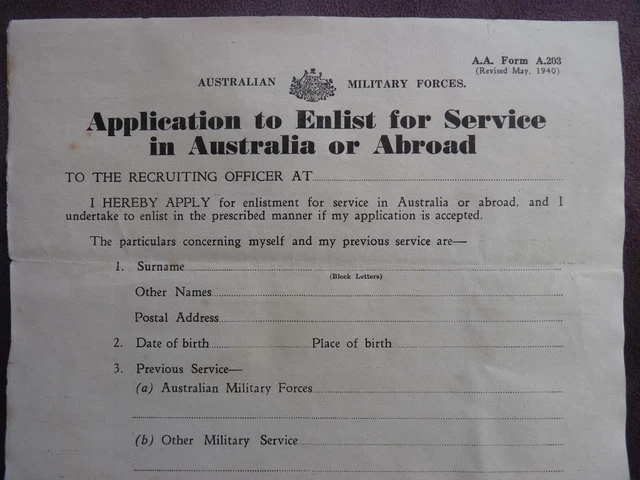 WW2 AUSTRALIAN Army Anzac - Blank Enlistment Application Form - Dated ...