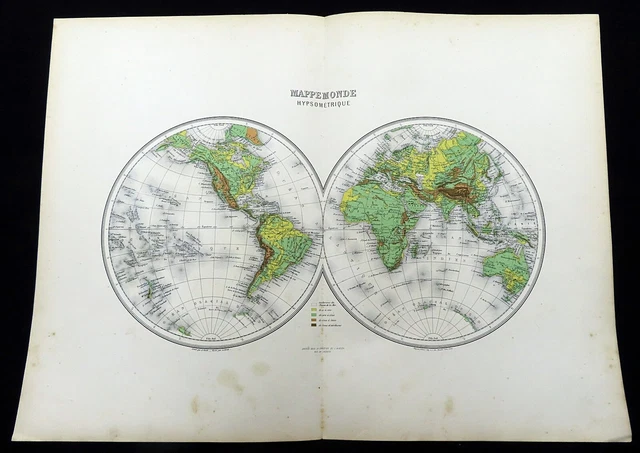 LARGE ANTIQUE MAP of the World Globe Hemisphere Hypsometric Geography ...