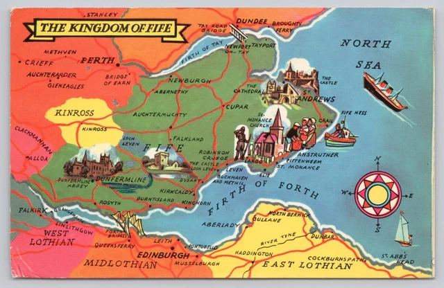 KINGDOM OF FIFE Scotland UK Map, Landmarks & Attractions, RARE HTF Vtg ...