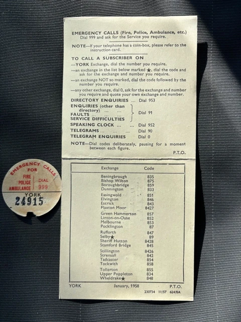 ORIGINAL GPO TELEPHONE draw dialling code + dial label for York January ...