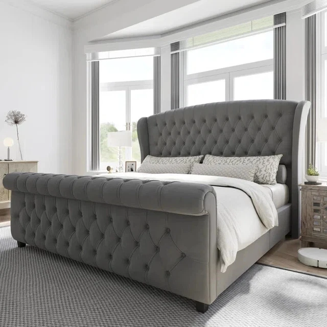 LUXURY TULIP WING Sleigh Bed With/Without Ottoman Gas Lift Storage ...