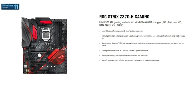 ASUS ROG STRIX Z370-H Gaming LGA1151 ATX Motherboard For 9th 8th Gen i9 ...