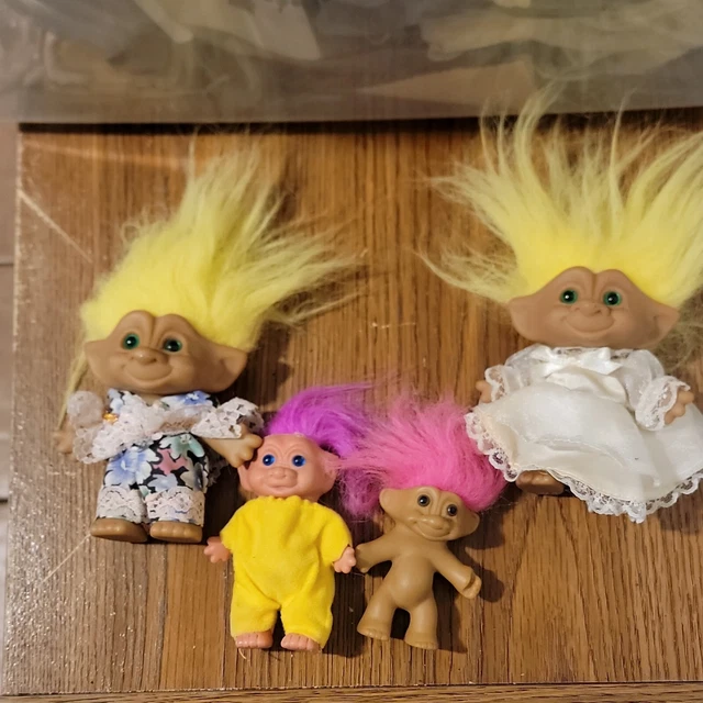 2 TROLL DOLLS 4" Ace Novelty Treasure Troll Pink dress and PJ's belly ...