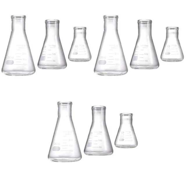 9 PCS CONICAL Flask Chemistry Measuring Scale Flask Glass Filtering ...