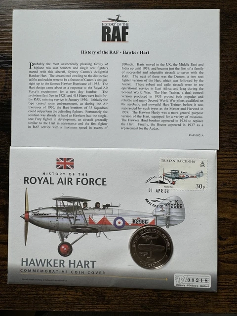 HISTORY OF RAF HAWKER HART One Crown Coin Set Stamp Gibraltar 2008 £14. ...