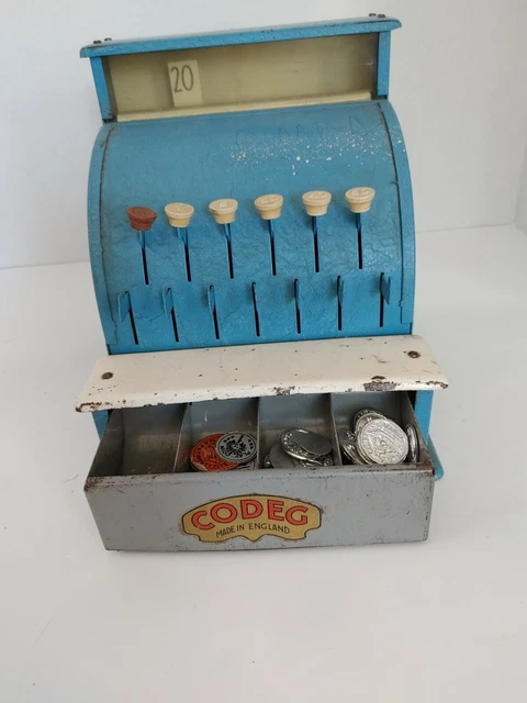 VINTAGE CODEG TOY Cash Register BLUE WORKS, comes with coins 1950's $42 ...