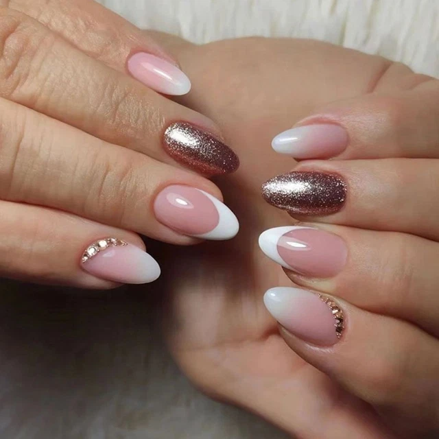 DIY PRESS ON Nails Fake Nials Short Almond French Gold Foil False Nails ...