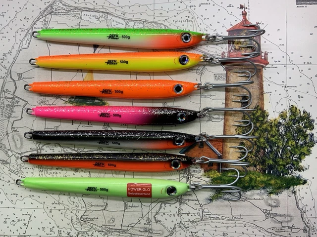 PILKER SET NORWEGEN 7 Gelbe Riff Pilker 500g UV Farben VMC Drillinge EUR 56,00 - PicClick DE