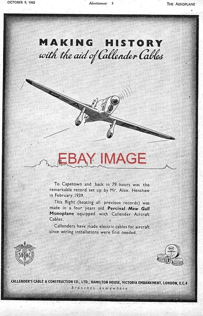 1942 ADVERT PERCIVAL 'MEW GULL' Aircraft WW2 Callender Cables Print Ad ...