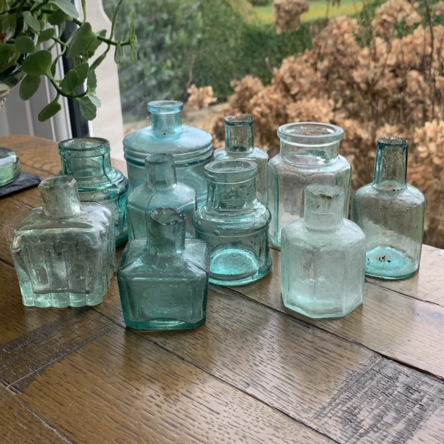OLD FASHIONED VICTORIAN Ink Bottles 10 x Vintage Glass Ink Pots Wells ...